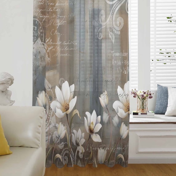 Brown Grey Floral Semi Sheer Curtains Drapes for Living Room, Bedroom ...