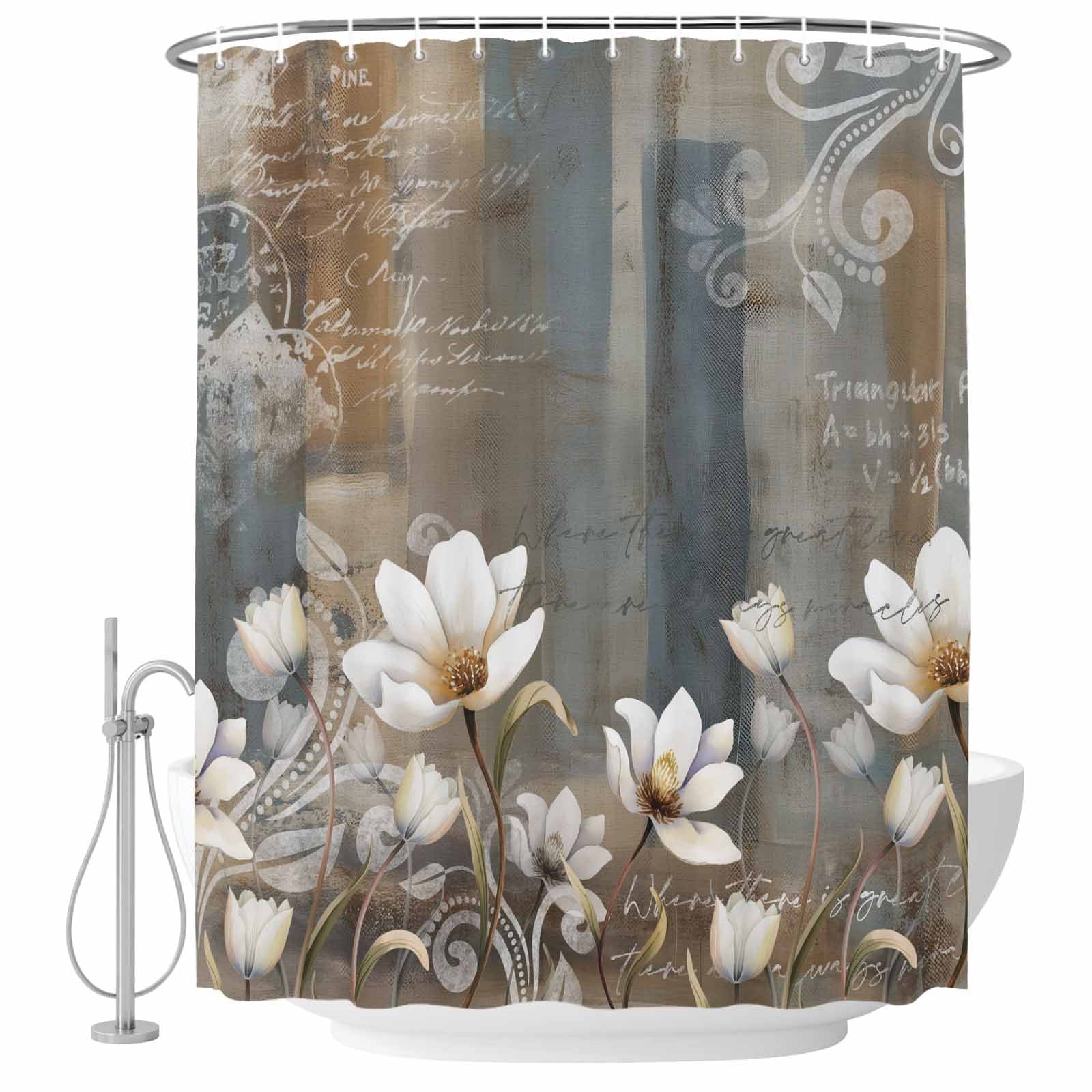 Brown Grey Floral Shower Curtain Set - Long 72" x 84" Washable Bathtub ...