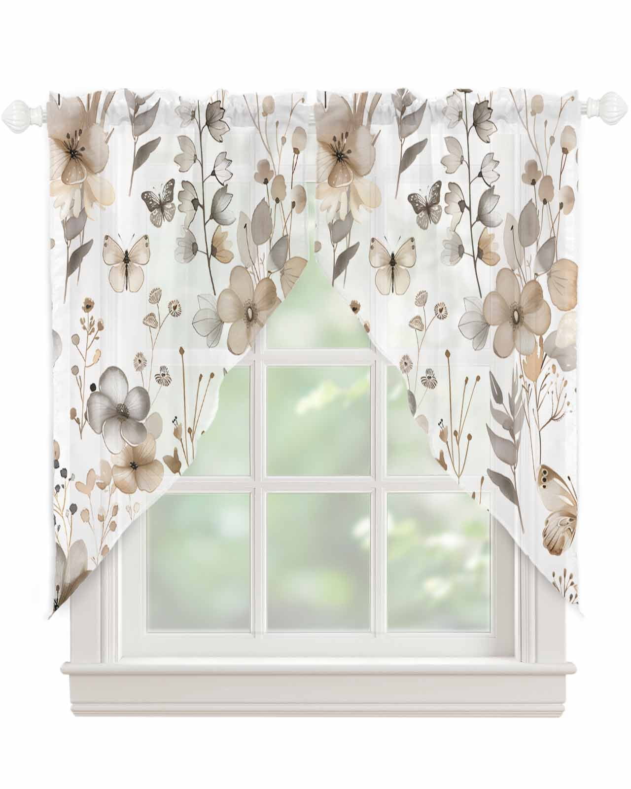 Brown Grey Floral Spring Swag Valances for Windows, Watercolor ...