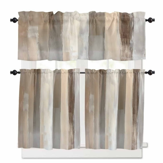 Brown Grey Kitchen Curtains Valance and Tier Set Abstract Neutral ...