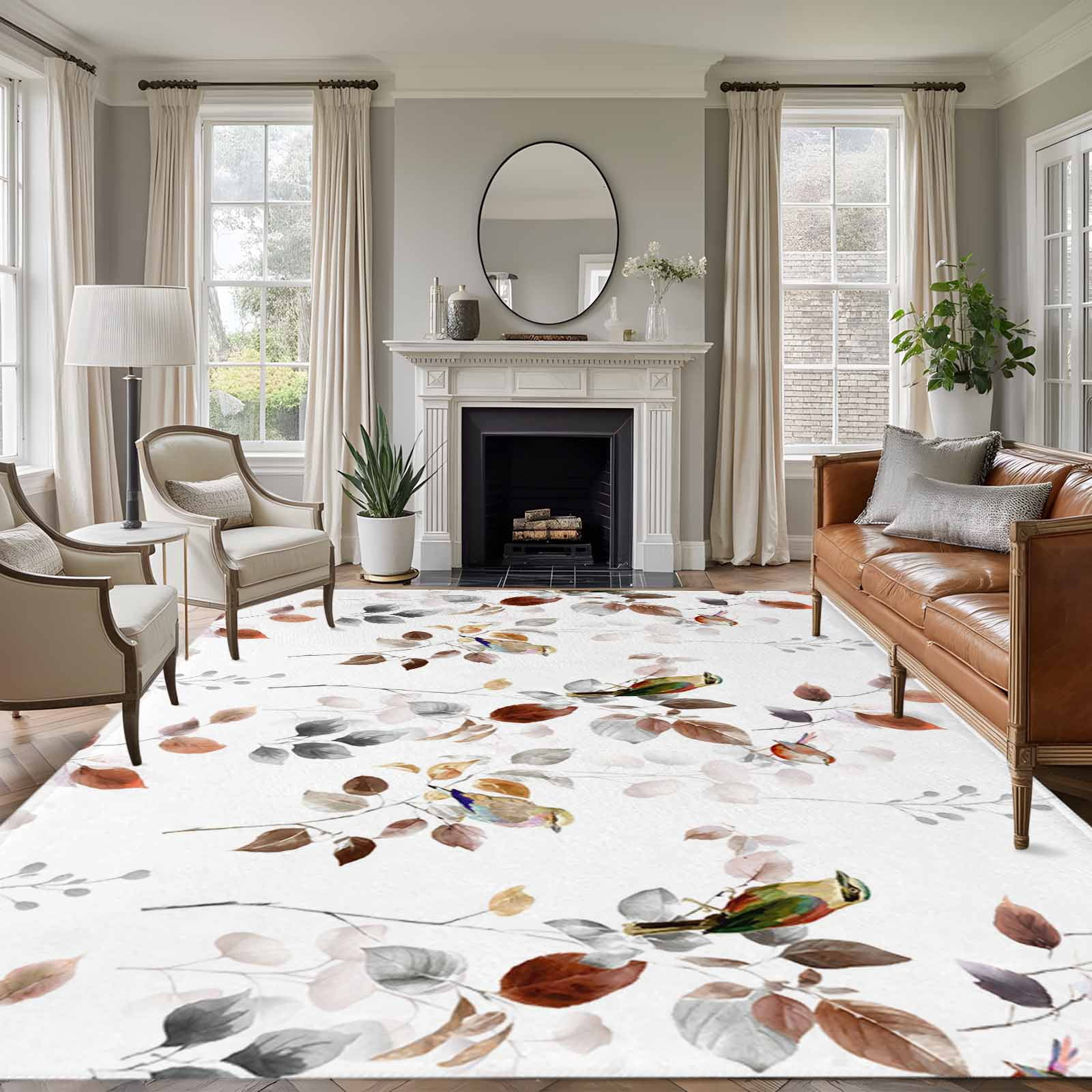 Brown Grey Leaves Area Rug 8x10 Washable Rug Non Slip Summer Botanical ...