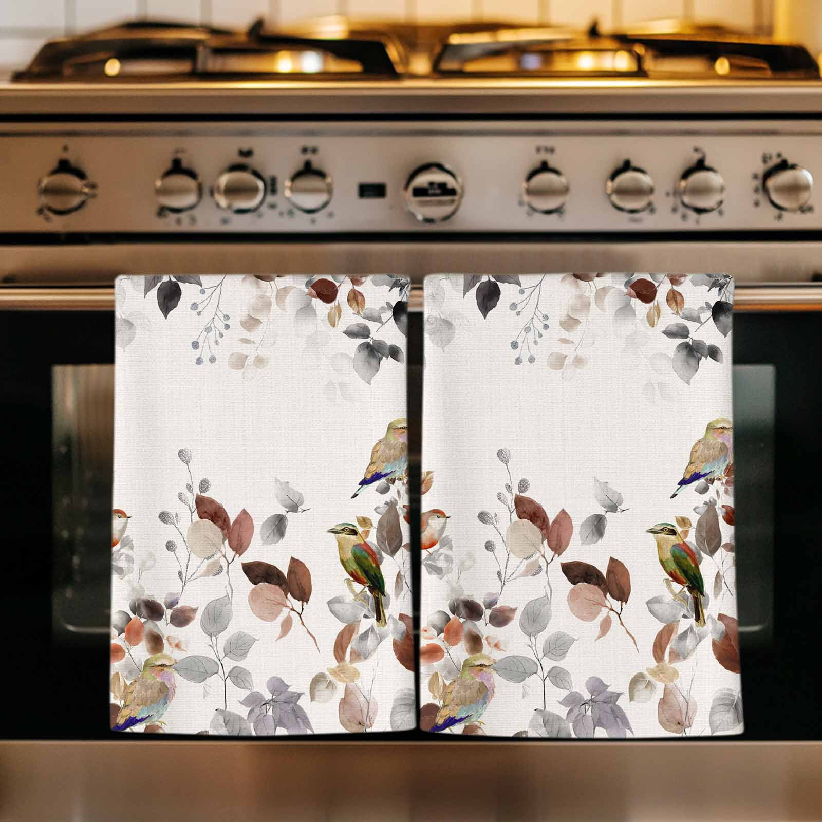 Brown Grey Leaves Kitchen Towels Set of 3, Summer Botanical Pastoral ...