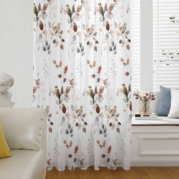 Brown Grey Leaves Semi Sheer Curtains Drapes for Living Room,Bedroom ...