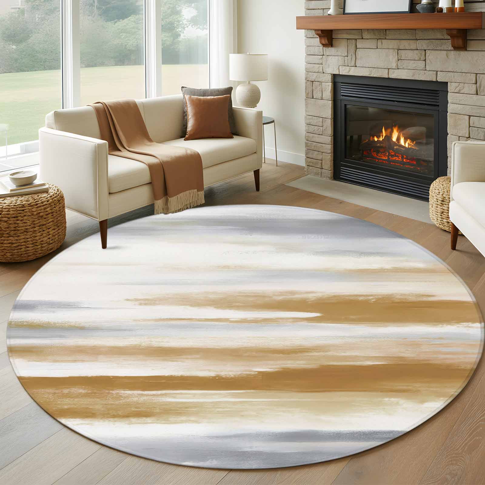 Brown Grey Ombre Round Rugs 8ft, Abstract Art Oil Painting Modern Non ...