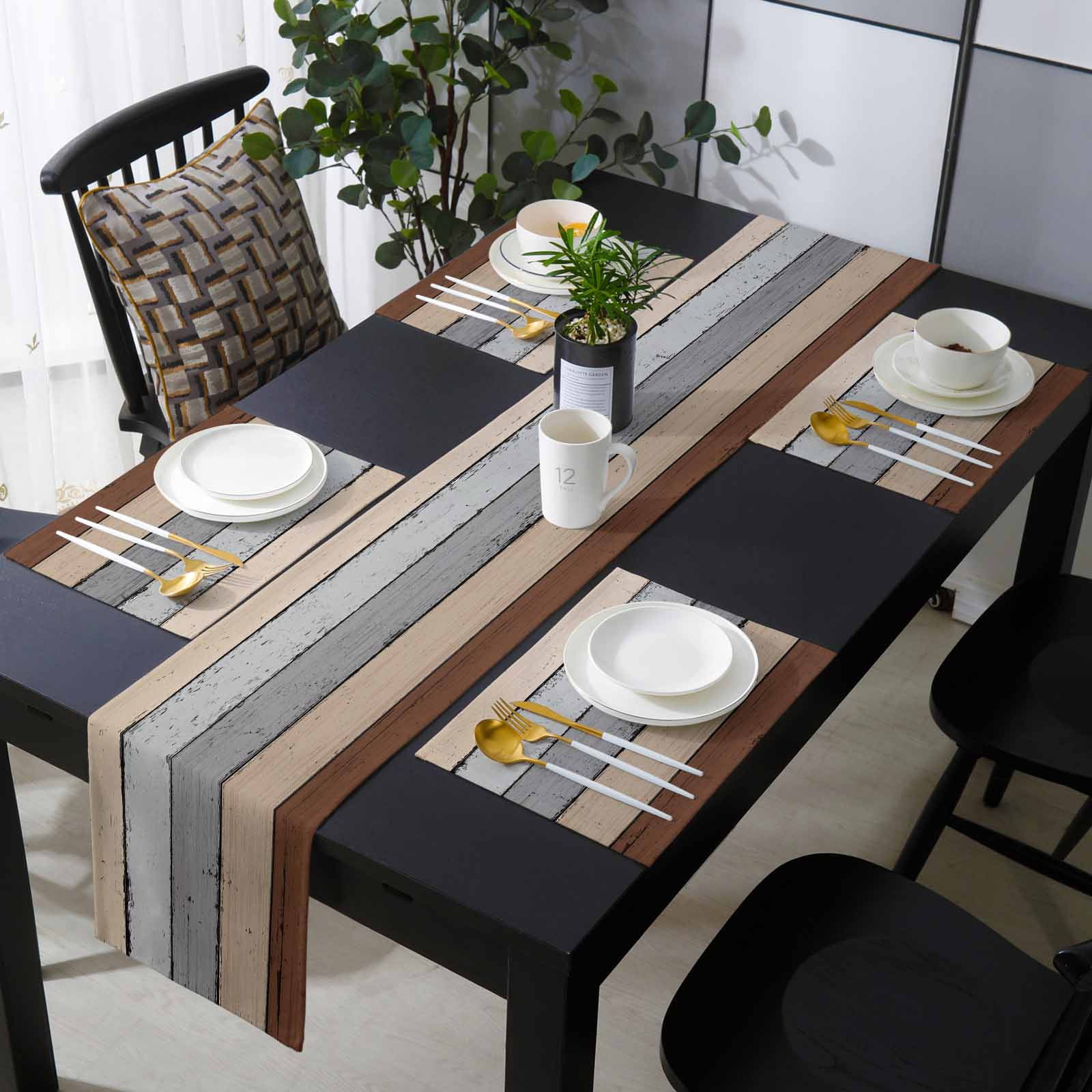 Brown Grey Placemats Set of 6 with 90 Inches Long Table Runners,Vintage ...