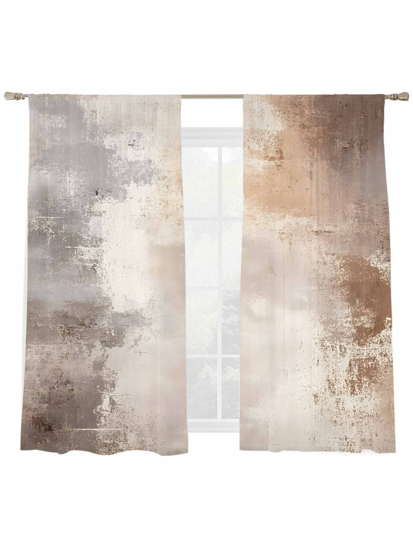 Brown Grey Retro Oil Paint Sheer Curtains 72 Inch Long 2 Panels ...