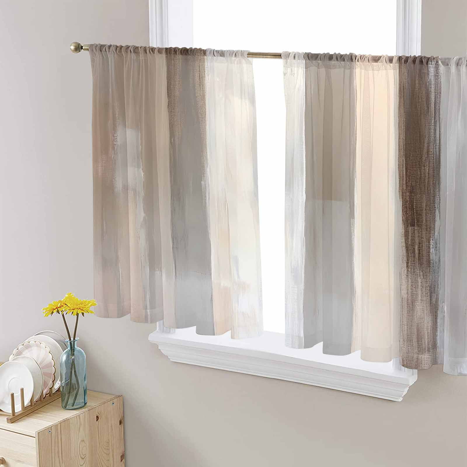 Brown Grey Semi Sheer Curtains 54 Inch Length 2 Panels Set, Abstract ...