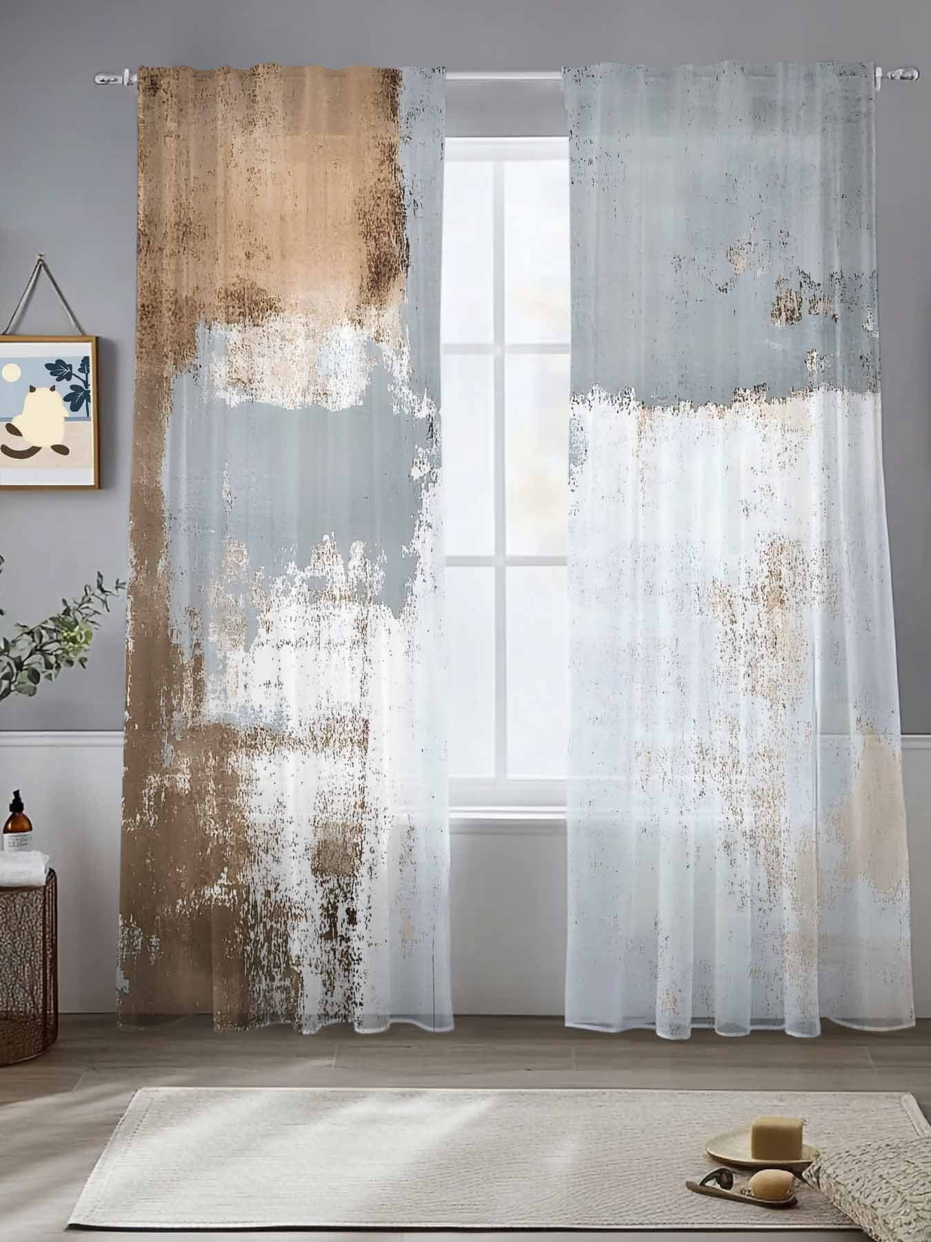 Brown Grey Sheer Curtains 108 Inches Long 2 Panels Abstract Mottled ...
