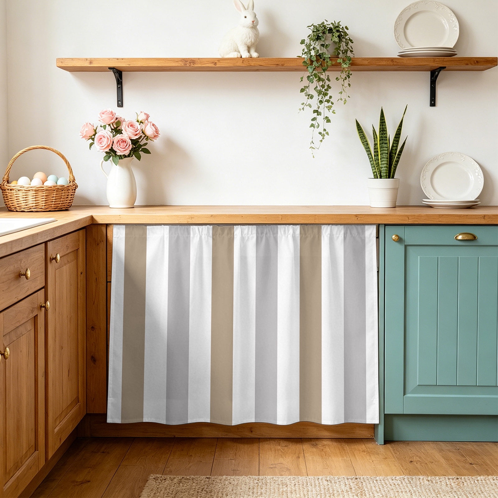 Brown Grey Stripe Cabinet Curtains 28"W x 35"L, Modern Farmhouse ...