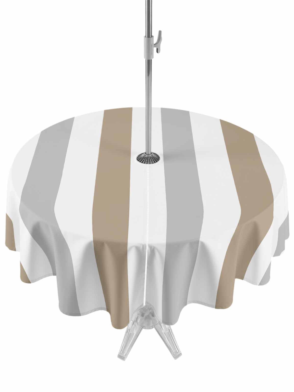 Brown Grey Stripe Outdoor Tablecloth with Umbrella Hole, Modern ...