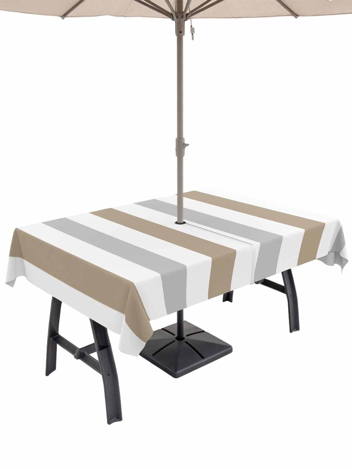 Brown Grey Stripe Outdoor Tablecloth with Umbrella Hole, Modern ...