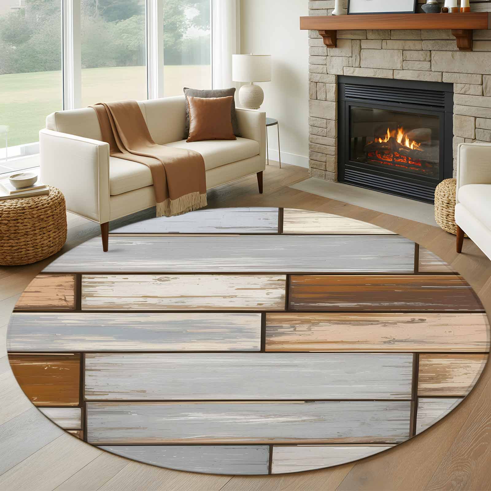 Brown Grey Vintage Round Rug 5ft Washable Circle Kitchen Rugs Non Slip ...