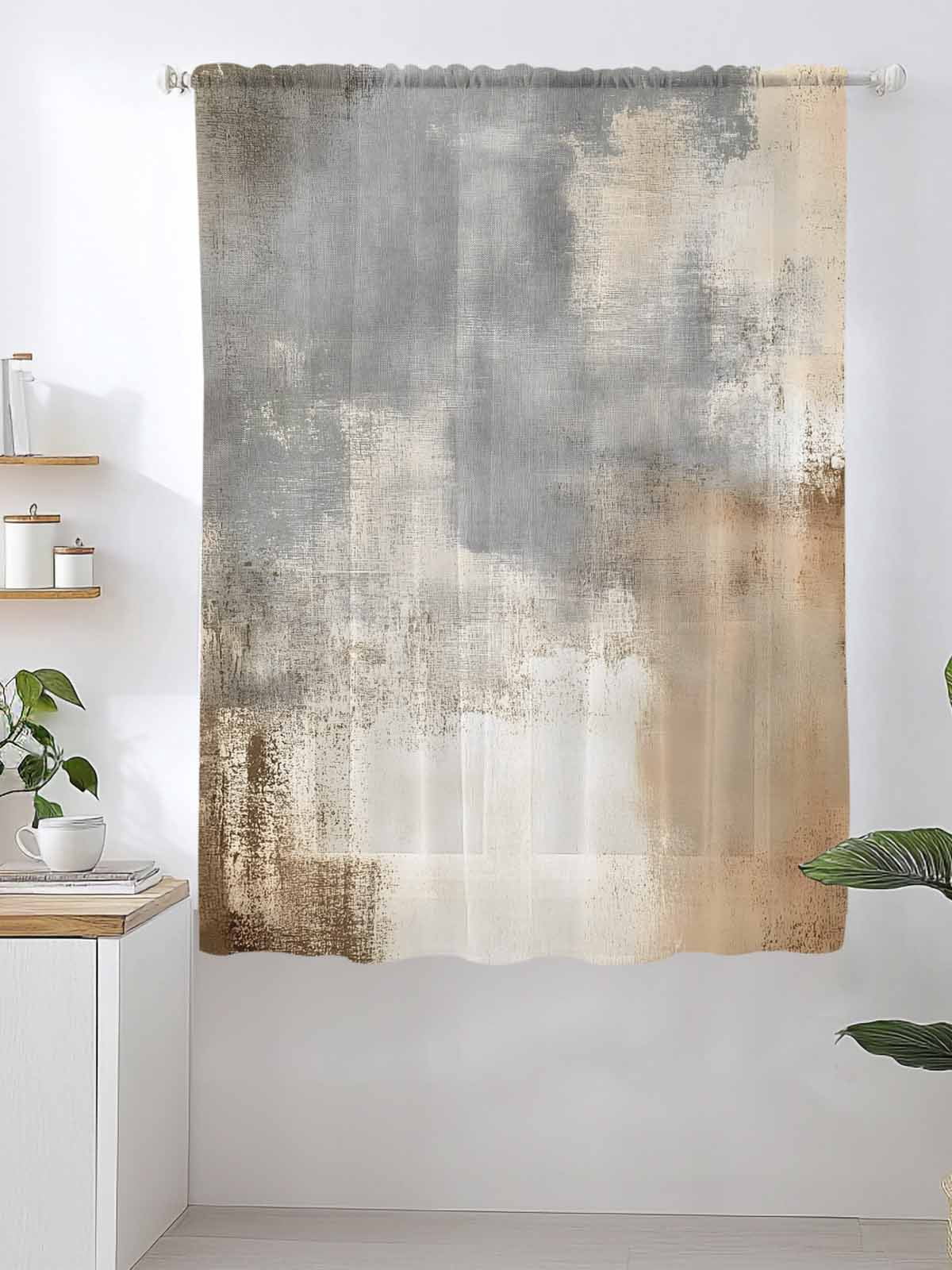 Brown Grey White Sheer Curtains 63 Inch Long 1 Panel Abstract Art ...