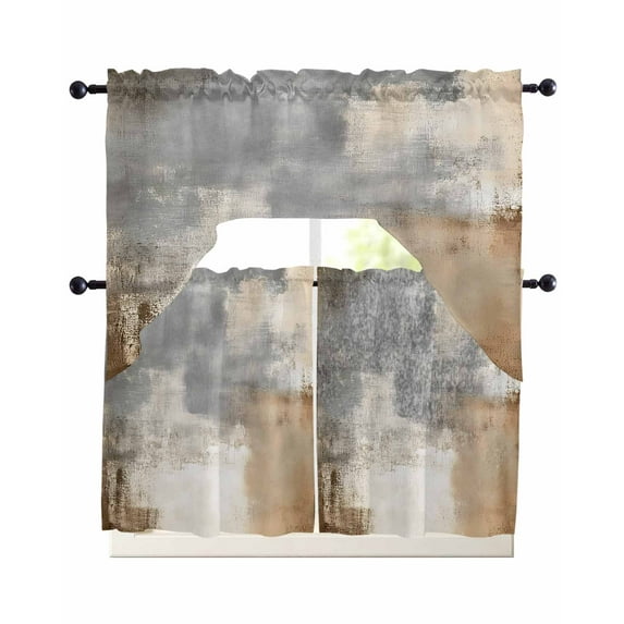 Brown Grey White Swag Valance and Tier Curtains Set Abstract Art Modern ...