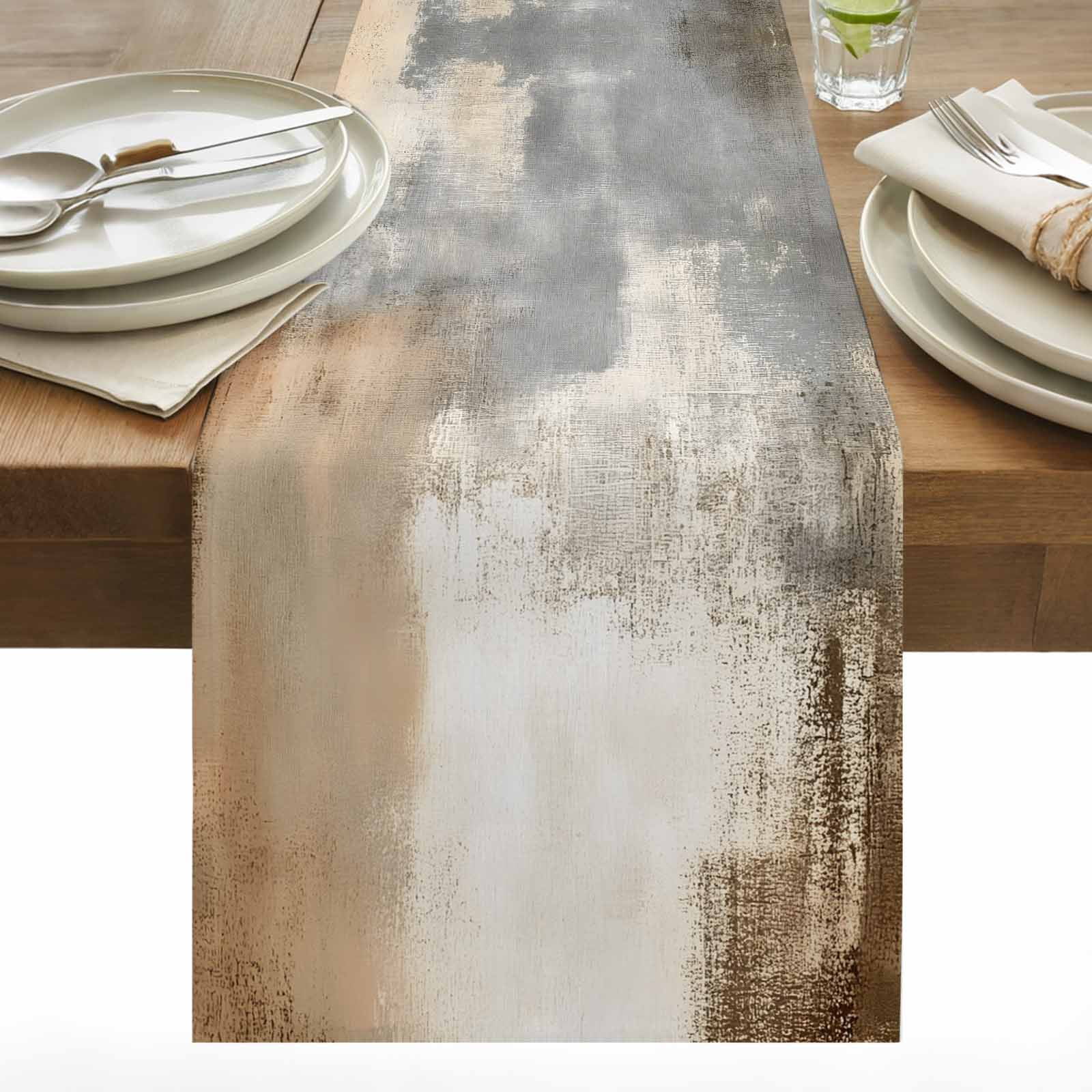 Brown Grey White Table Runner 13x108 inch Abstract Art Modern Oil ...