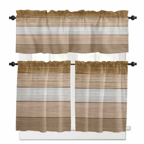 Brown Grey Wood Grain Kitchen Curtains Valance and Tier Set Vintage ...