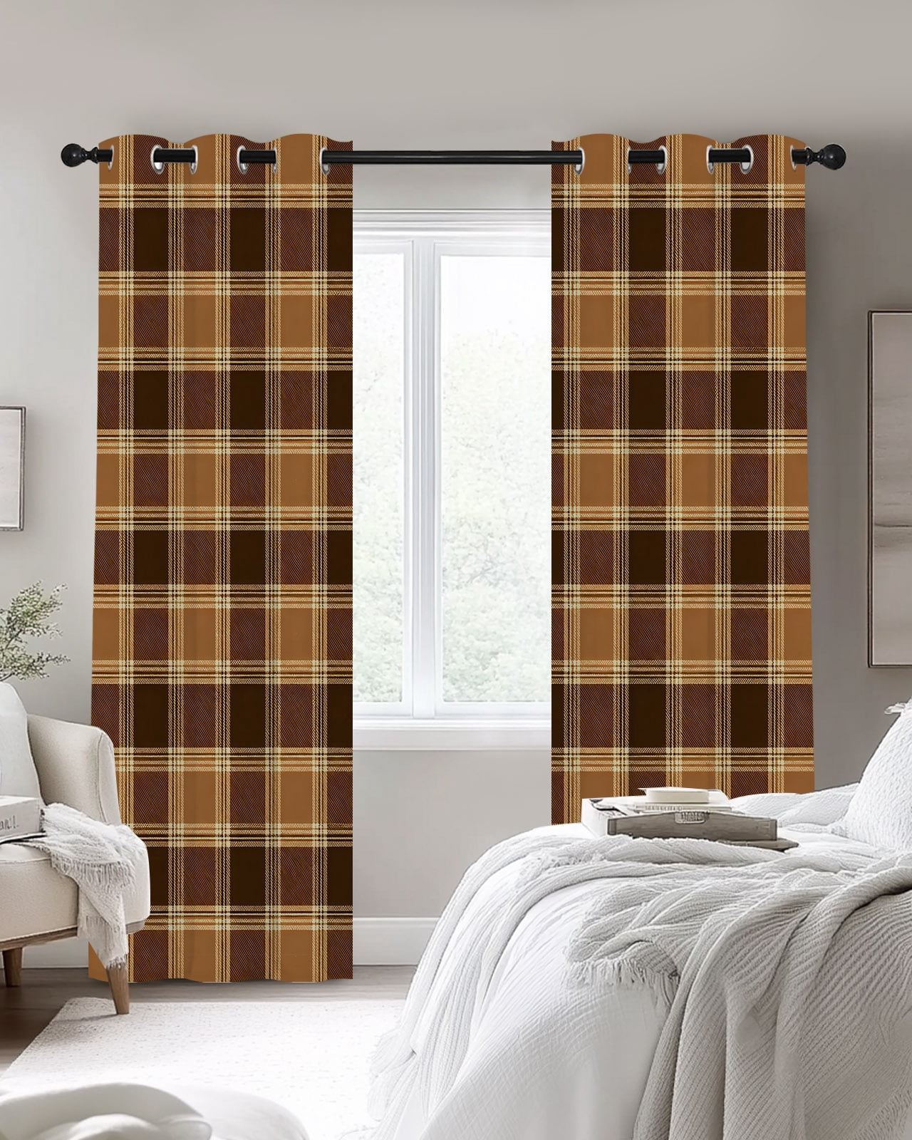 Brown Grid Blackout Curtains 2 Panels, Fall Minimalist Tan Beige Plaid ...