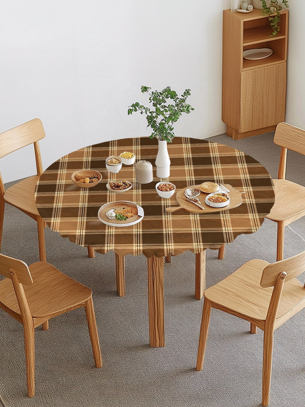 Brown Grid Round Fitted Tablecloth with Elastic Edge, Fall Minimalist ...