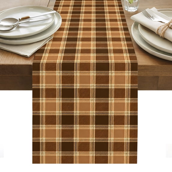 Brown Grid Table Runner, Fall Minimalist Tan Beige Plaid Stripes ...