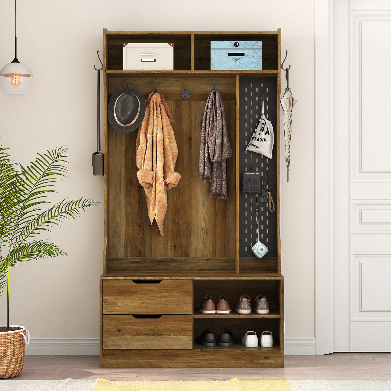 Brown Hall Tree with 6 Hooks, Entryway Storage Bench for Hallway ...