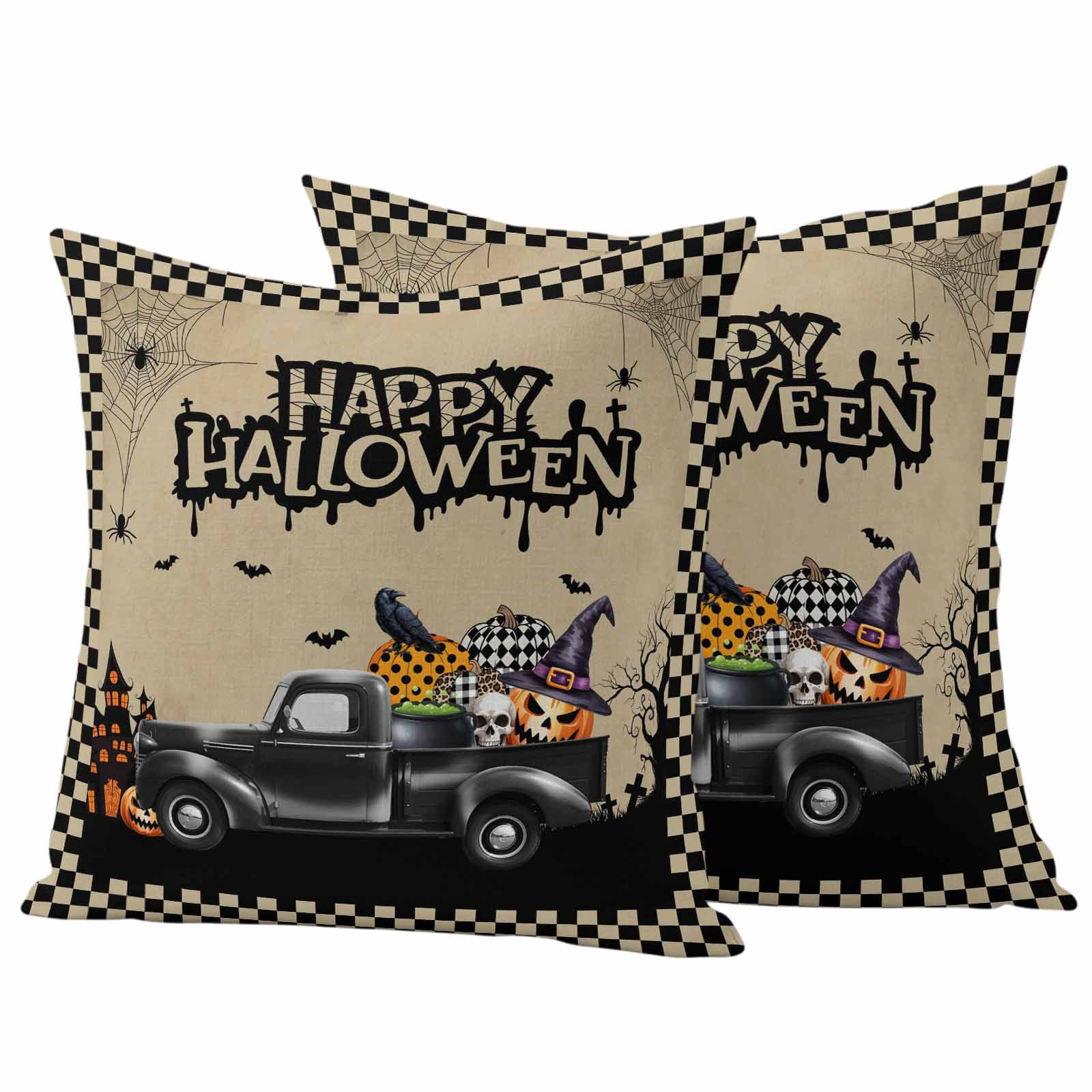 Brown Halloween Outdoor Waterproof Pillow Covers, Spooky Truck Pumpkins ...