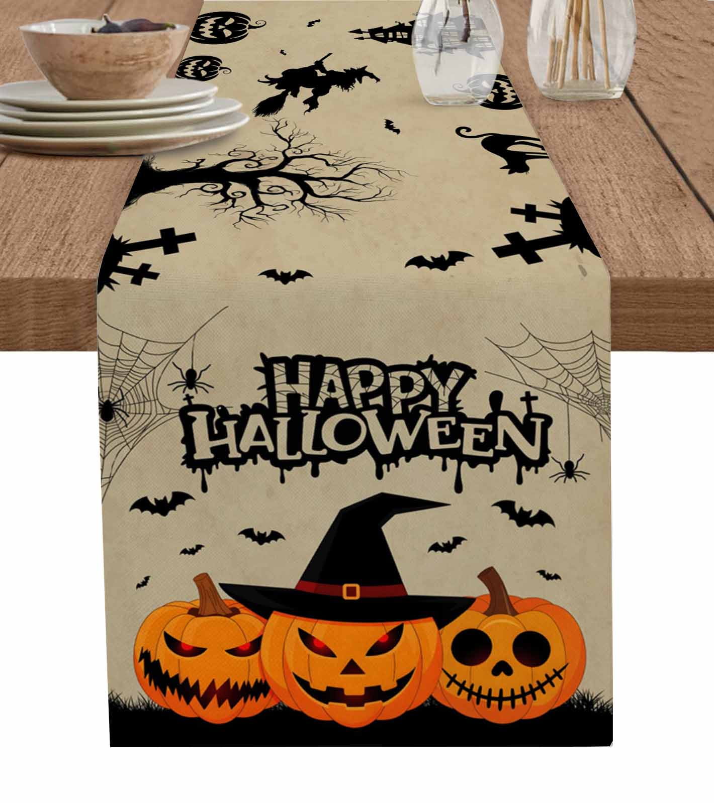 Brown Halloween Table Runner 36 Inches, Spooky Pumpkins Horror Spi-der ...