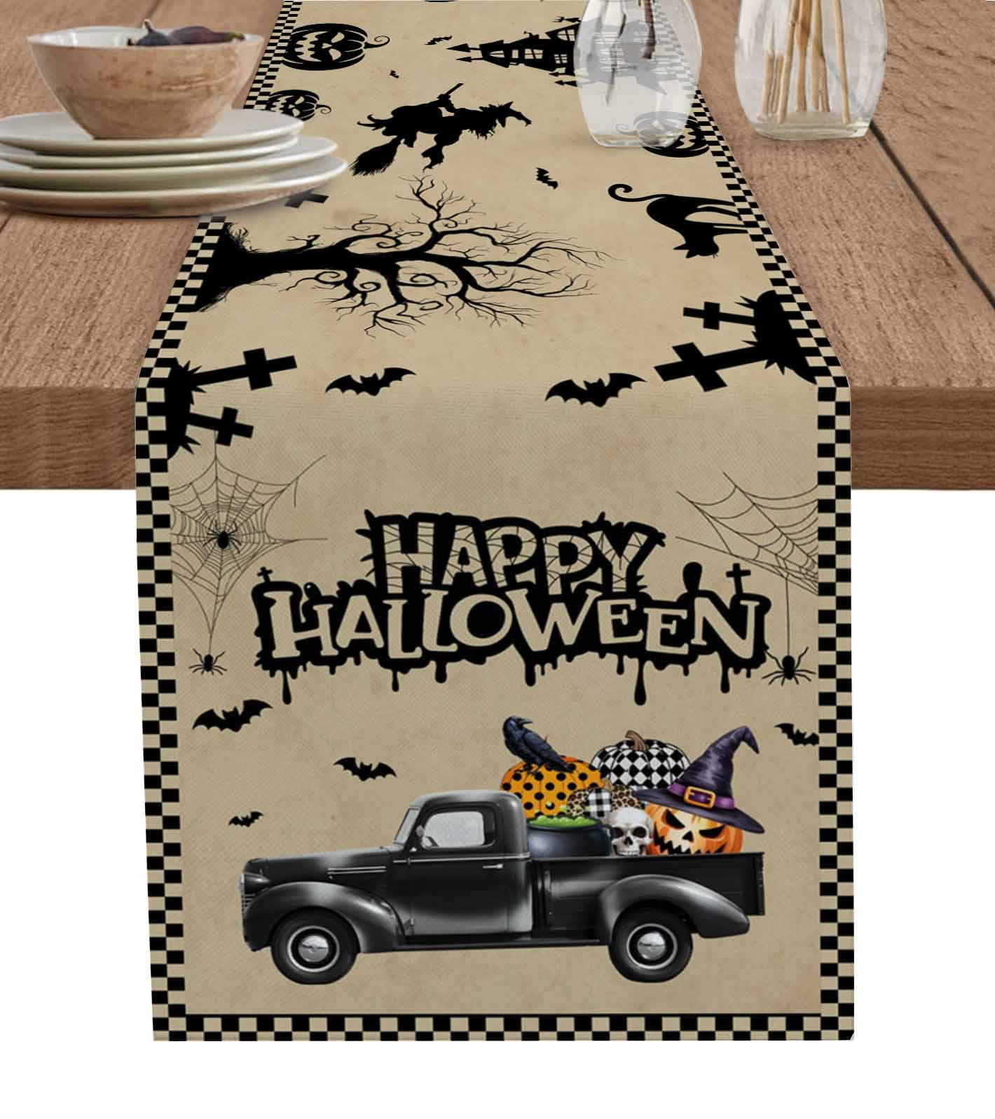 Brown Halloween Table Runner 60 Inches, Spooky Truck Pumpkins Crow ...