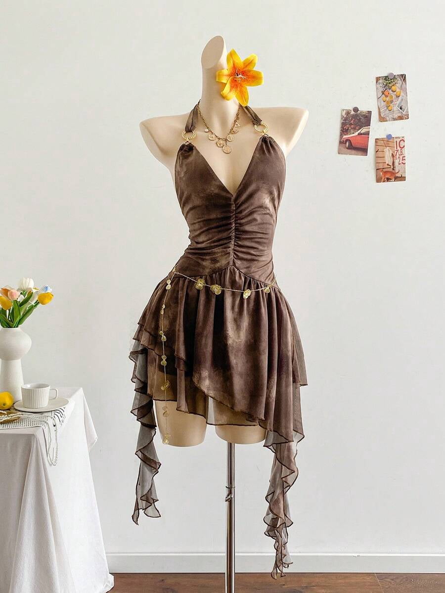 Brown Halter Neck Ruched Tiered Mini Dress With Asymmetrical Sheer ...