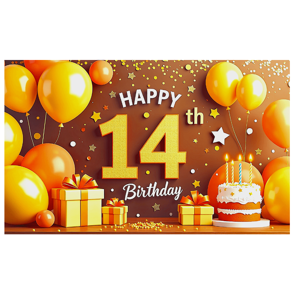 Brown Happy 14 Birthday Banner with Glittery Gold Numbers and Star ...