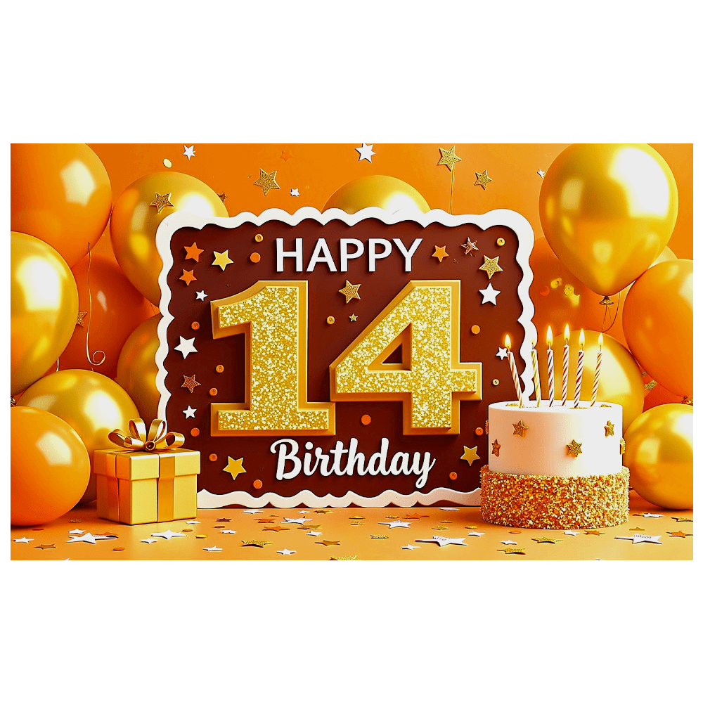 Brown Happy 14 Birthday Banner with Glittery Gold Numbers and Star ...