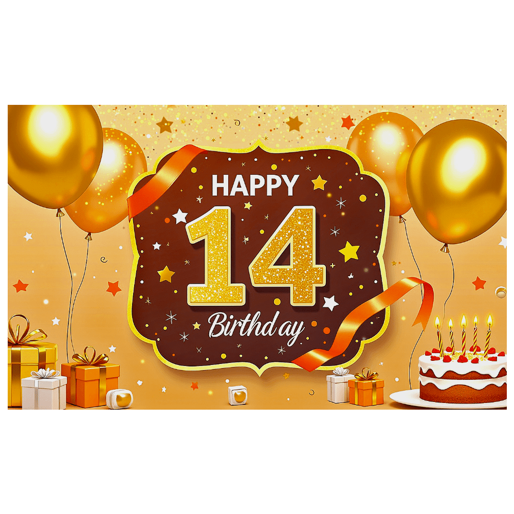 Brown Happy 14 Birthday Banner with Glittery Gold Numbers and Star ...