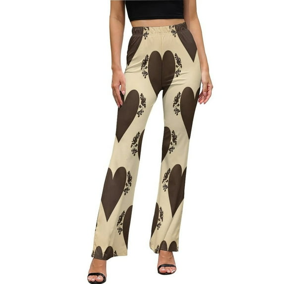 Brown Heart Pattern Wallpaper High Waisted Casual Flared Trousers ...