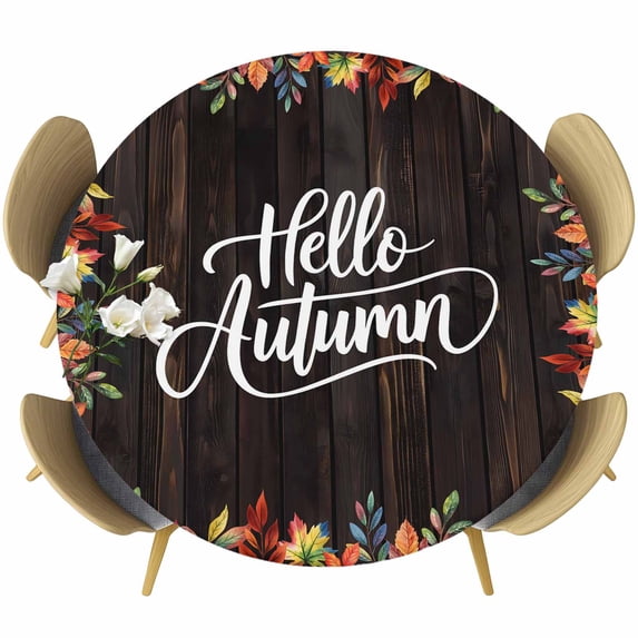 Brown Hello Autumn Round Tablecloth, Fitted Table Cover with Elastic ...