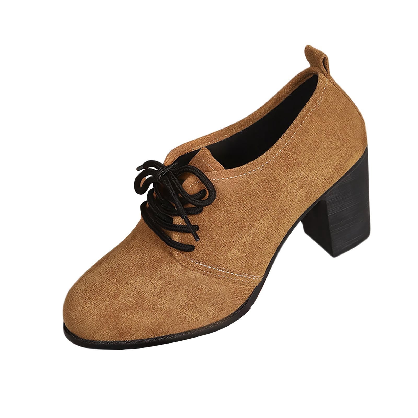 Brown High Heel Shoes For Women Chunky Heel Low Cut Pumps Round Toe ...