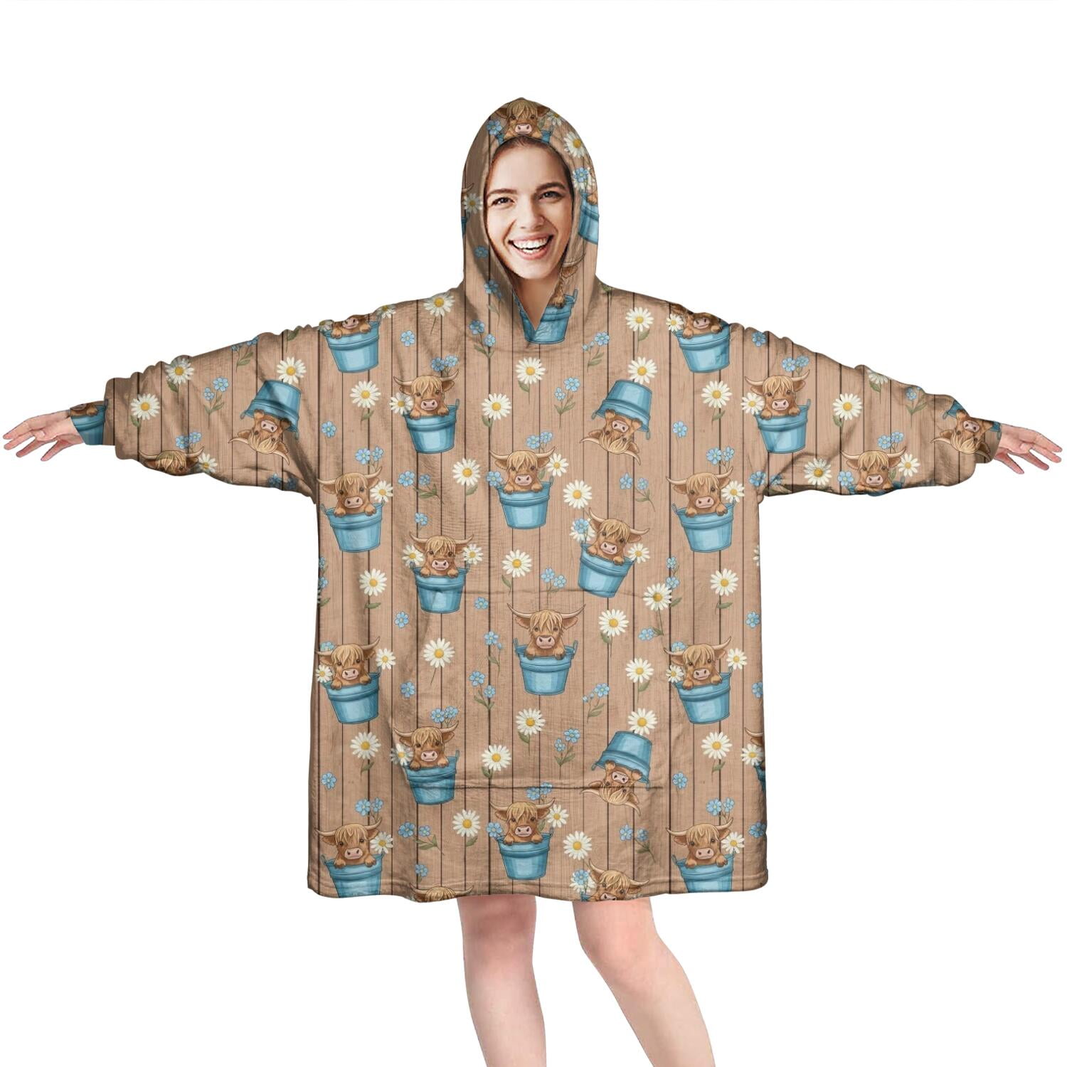 Brown Highland Cow Bucket Flower Pattern Wearable Oversized Blanket ...