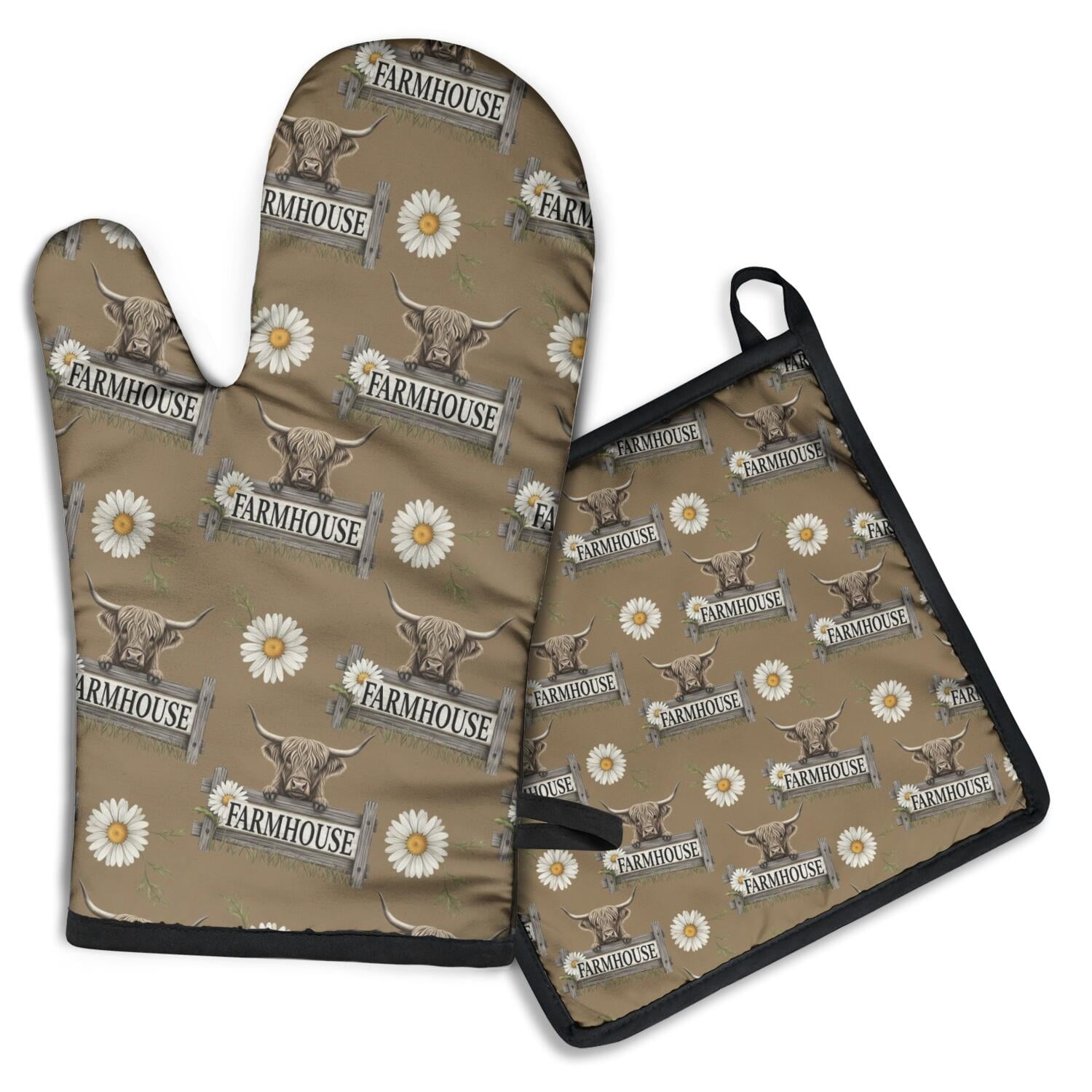Brown Highland Cow Daisy Farmhouse Pattern Kitchen Oven Mitt and Pot ...