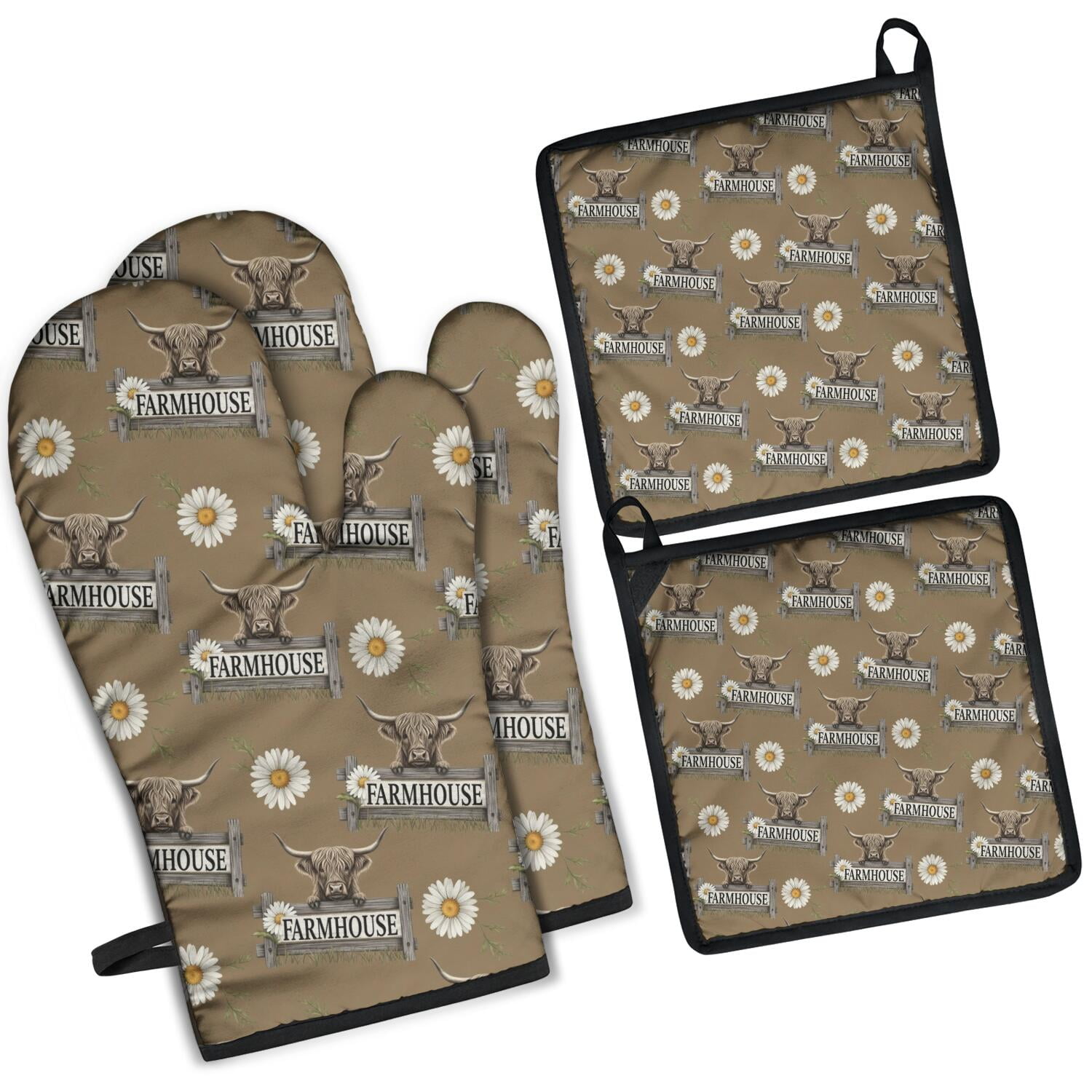 Brown Highland Cow Daisy Farmhouse Pattern Kitchen Oven Mitt and Pot ...