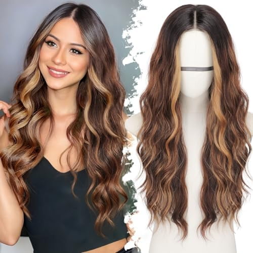Brown Highlight Long Wavy Wig for Women, Pre-Cut Lace Hairline ...