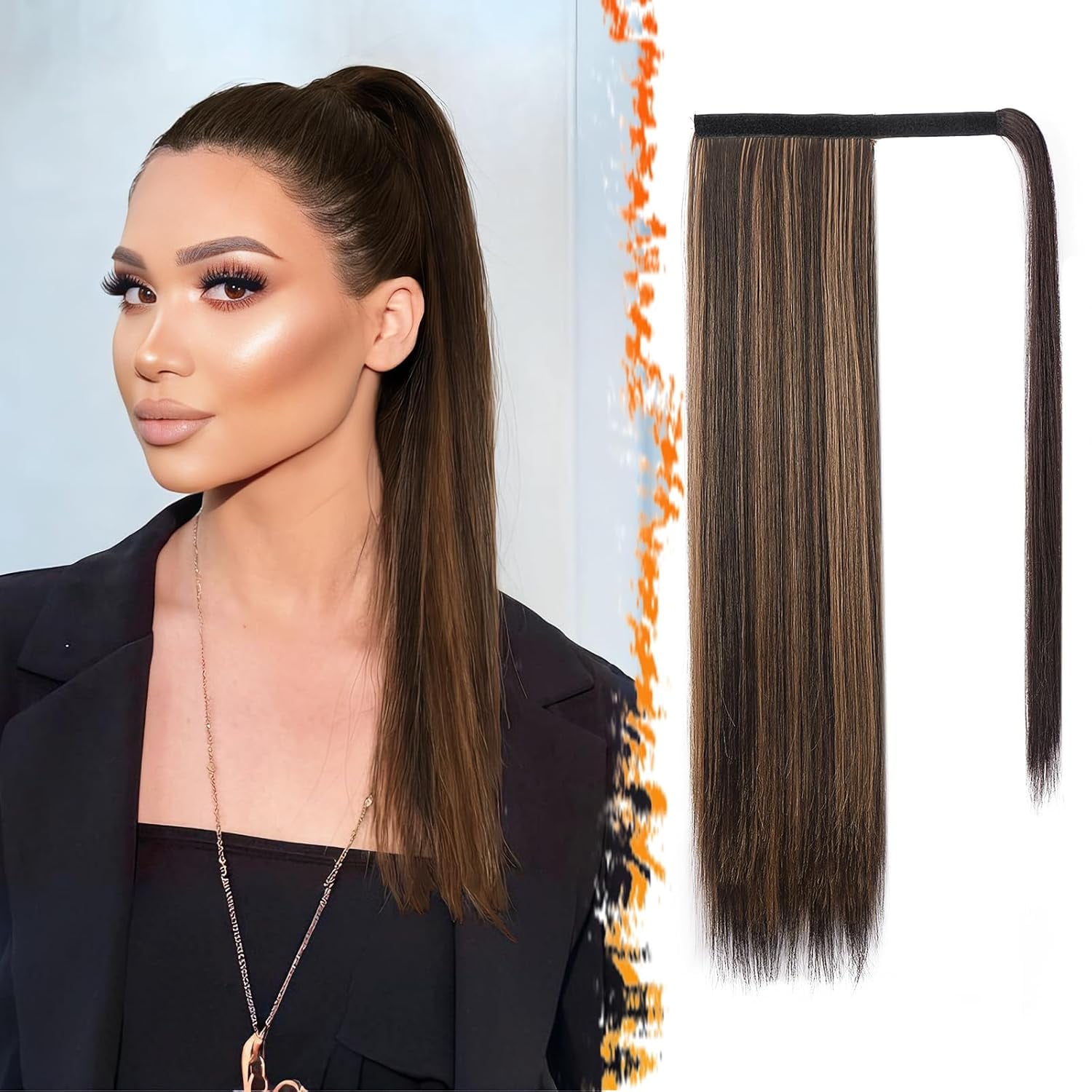 Brown Highlight Straight Wrap Ponytail Extension - 18 Inch Long ...