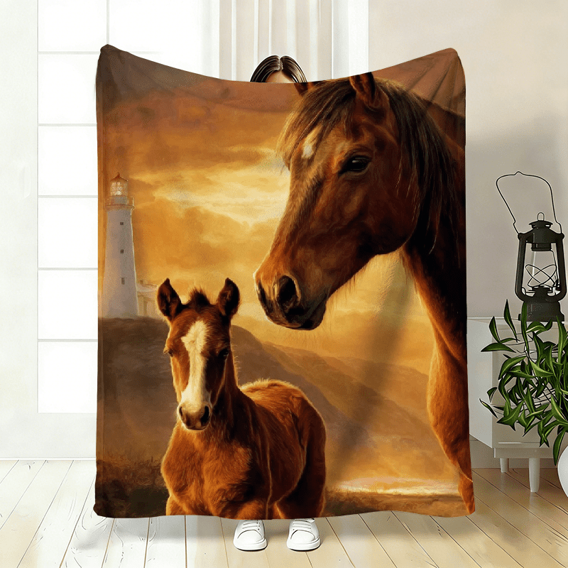 Brown Horse Family-Themed Polyester Flannel Blanket – Soft, Warm Throw ...