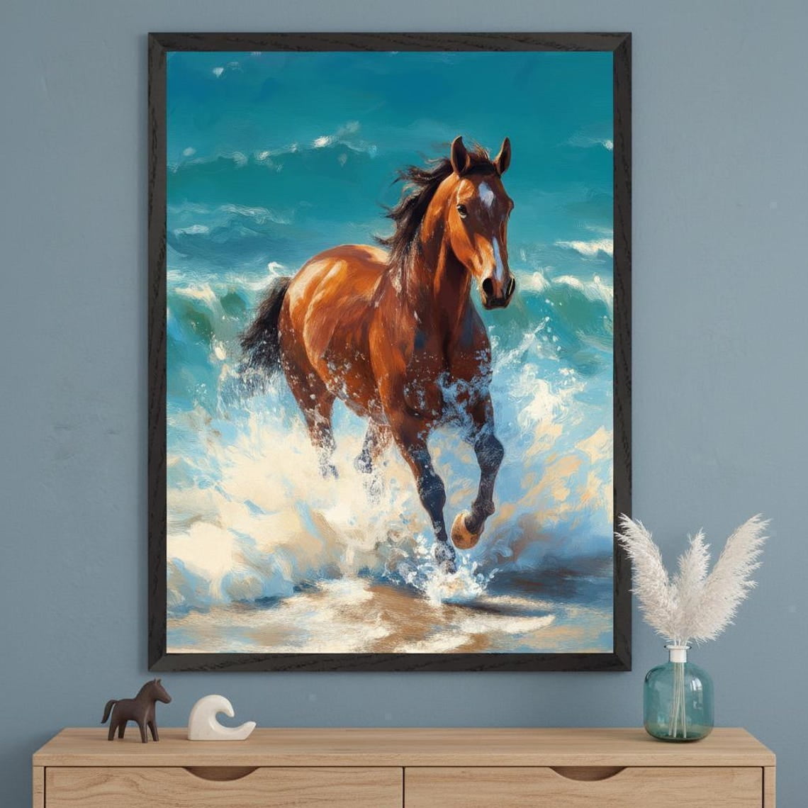 Brown Horse Galloping In Ocean Waves Wall Art Coastal Equestrian Wild ...