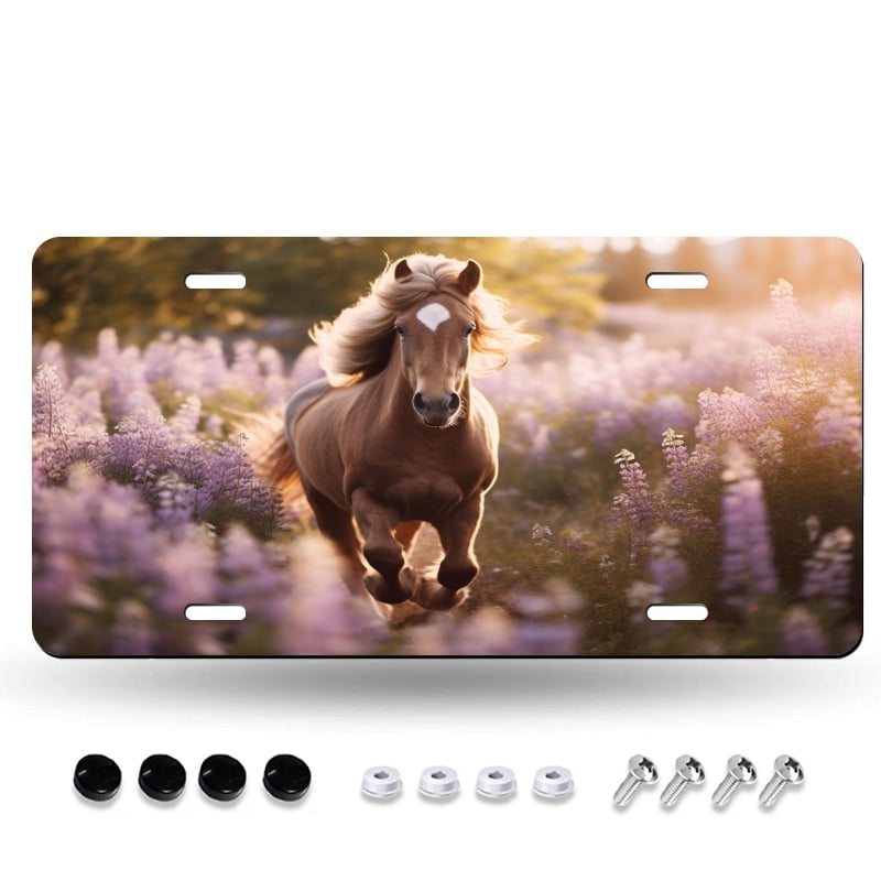Brown Horse Running Through a Purple Bloom Field License Plate Frame ...
