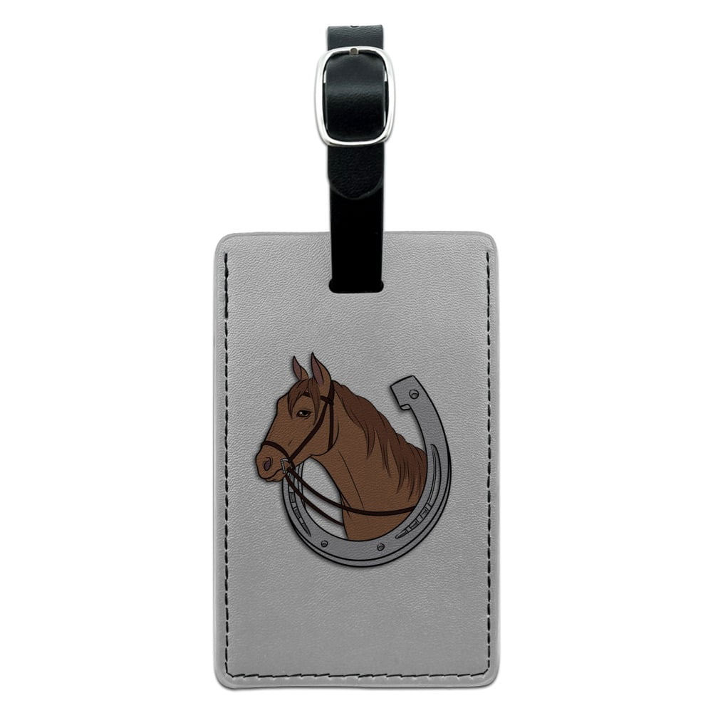 Brown Horse in Horseshoe Rectangle Leather Luggage Card Suitcase Carry ...