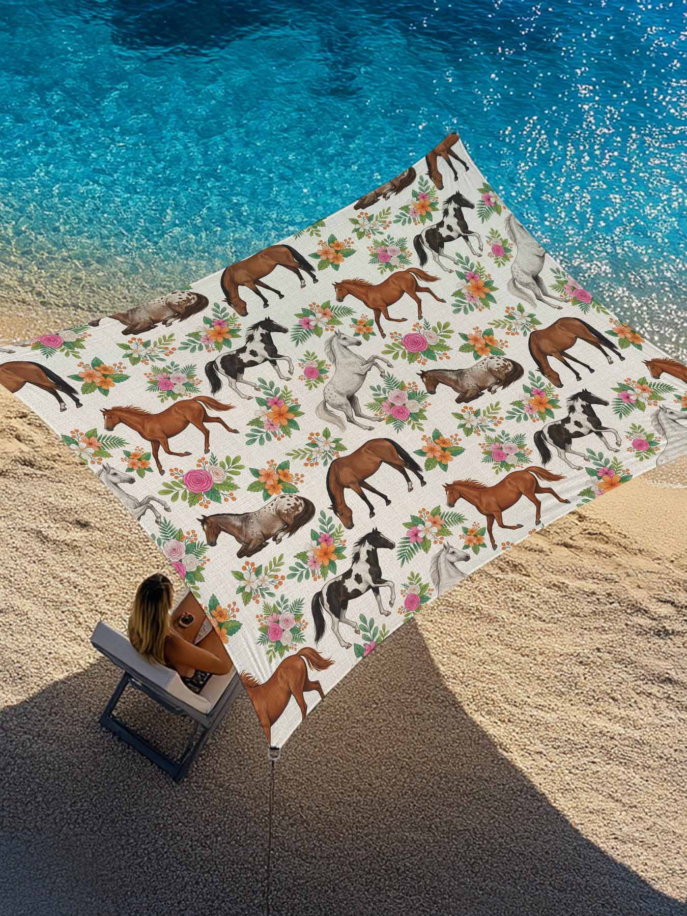 Brown Horses Animal Sun Shade Sail 12' x 16', Orange Pink Flower Roses ...