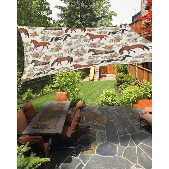 Brown Horses Animal Sun Shade Sail 6.5'X10' Orange Pink Flower Roses ...