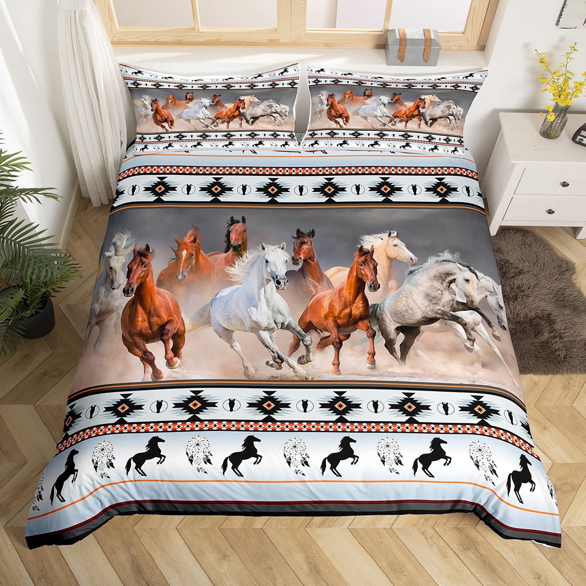 Brown Horses Duvet Cover Southwestern Native Aztec Bedding Set,Western ...