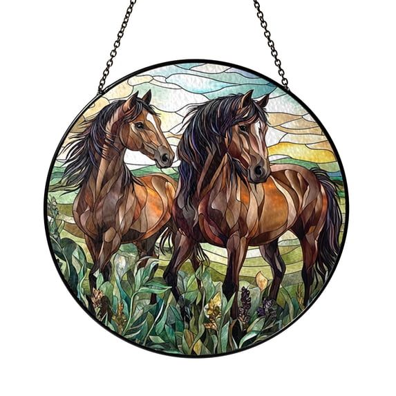 Brown Horses Field Stained Glass Suncatcher Round Window Hanging Panel ...