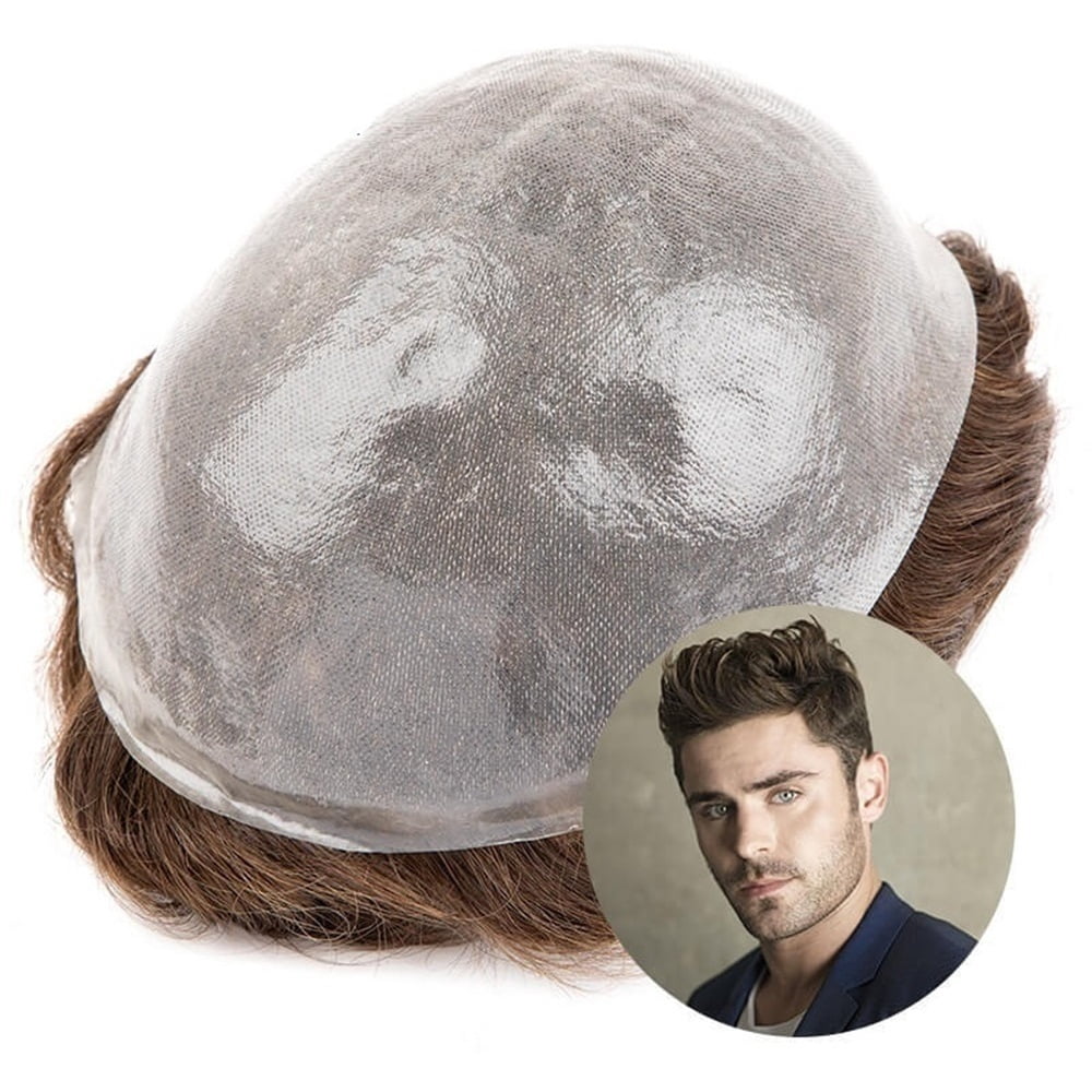 Brown Human Hair Men's Hairpiece 0.08mm Thin Skin Toupee Double Knots ...