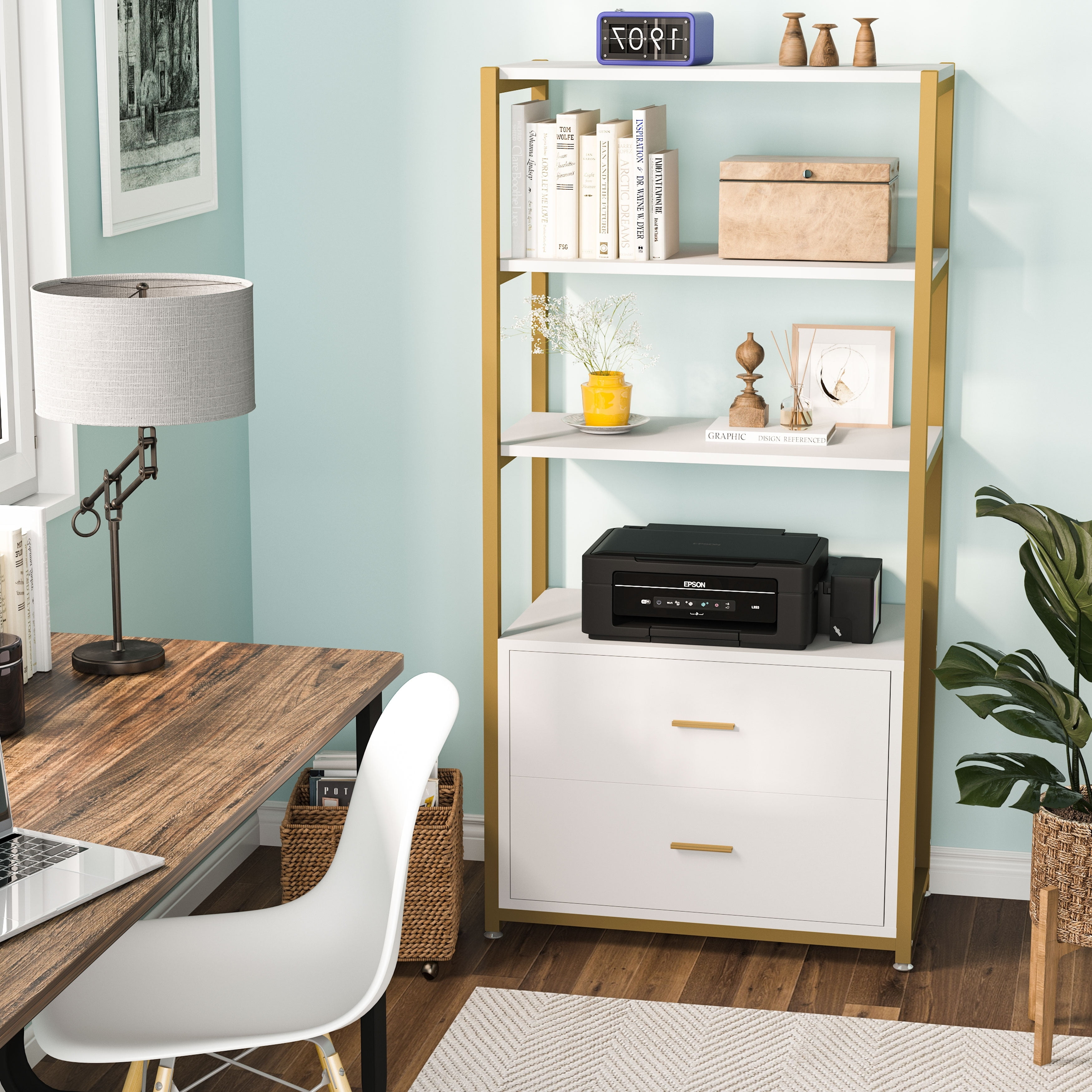 Brown Industrial Bookshelf with 2 Drawers, 5-Tier Bookcase with Open ...
