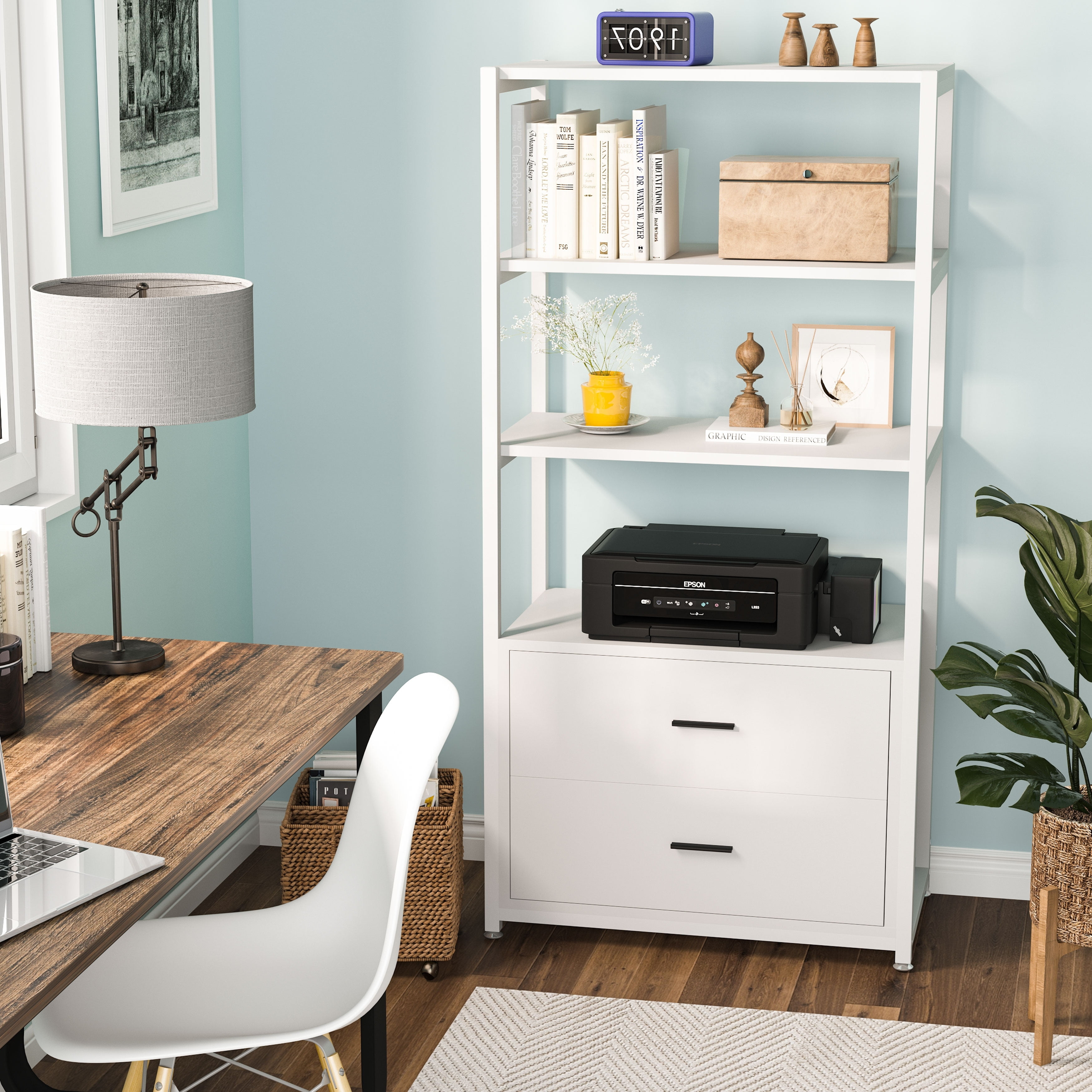 Brown Industrial Bookshelf with 2 Drawers, 5-Tier Bookcase with Open ...